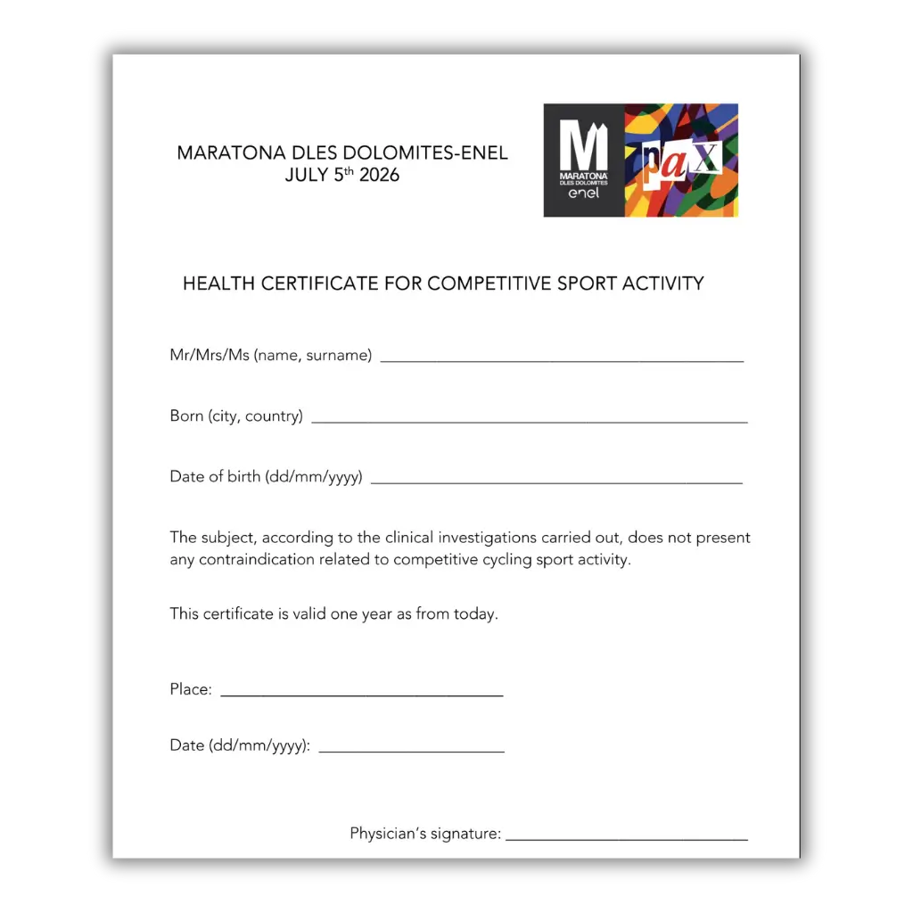 Maratona dles Dolomites 2026: Doctor-Signed Medical Certificate